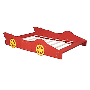 Full Size Race Car Bed for Boys, Wood Low Platform Bed Frame with Support Slats, Full Beds in Race Car-Shaped for Kids Teens, Red