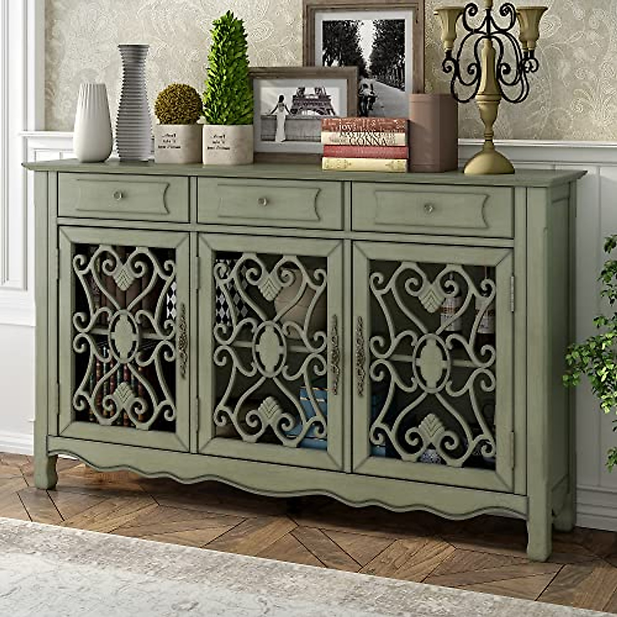 Retro Style Sideboard Console Table, Free Standing Kitchen Storage Sideboard Dining Buffet Server Cabinet, 59.8'' Console Table Sofa Table 3 Drawers, 3 Cabinets and Adjustable Shelves (Green + MDF)