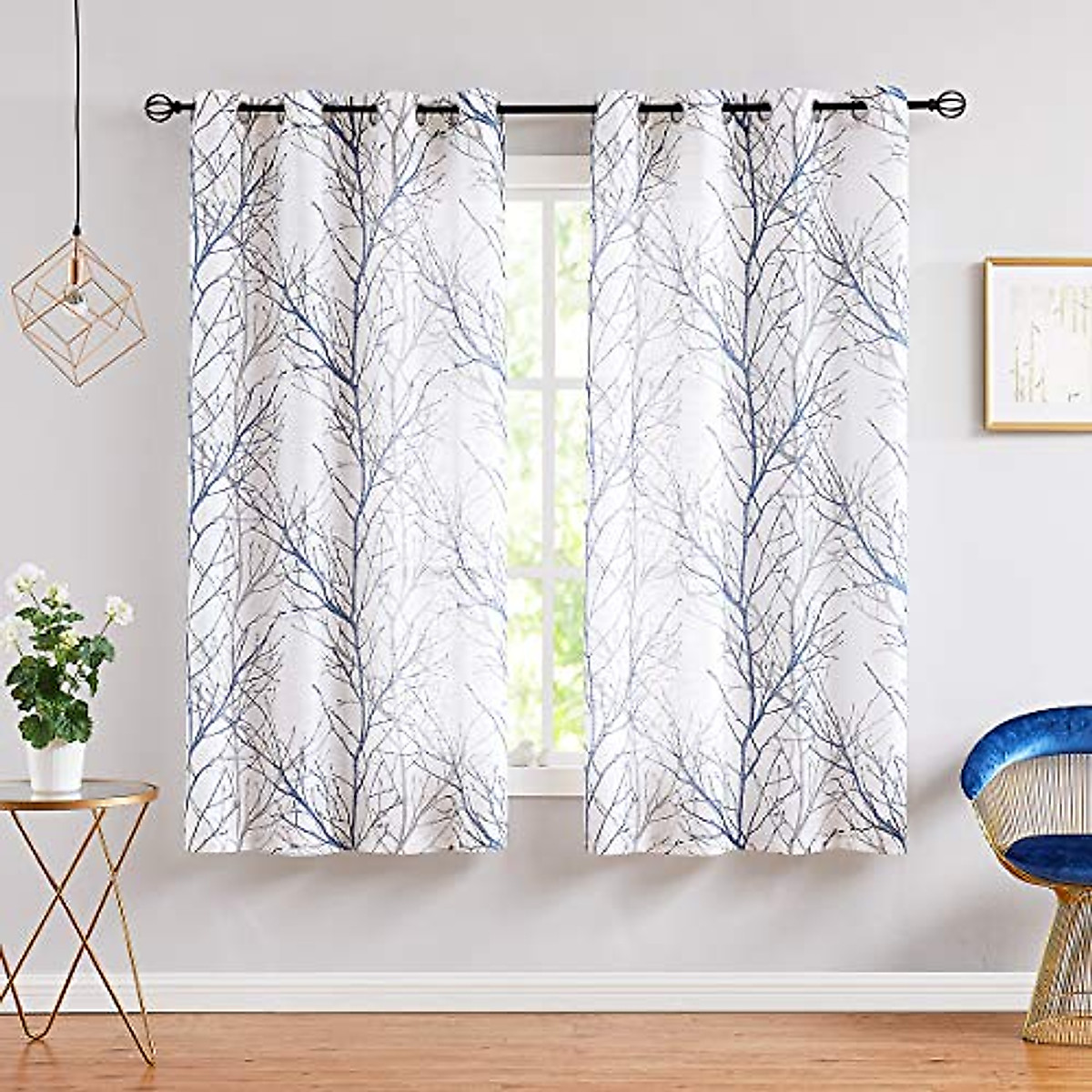 FMFUNCTEX Print Blue White Semi-Sheer Curtain Panels for Bedroom 63” Grey Tree Branch Printing on Linen Textured Window Treatment Set for Living Room Draperies 50”w 2-Pack