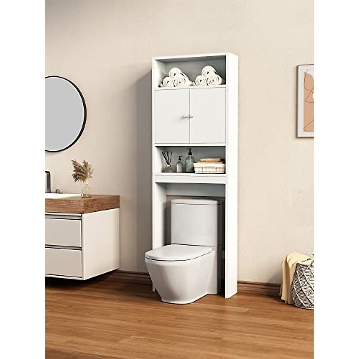 Aisfure Over The Toilet Storage Cabinet White 77", 3-Tier Bathroom Space Saver, Bathroom Organizer Shelf Over Toilet, Freestanding Multifunctional Laundry Organizer Toilet Rack
