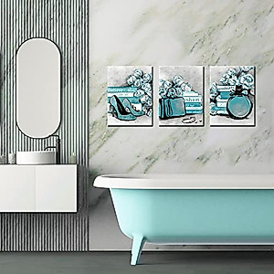 LevvArts 3 Piece Fashion Canvas Wall Art Glam High Heels Perfume Bags with Book Poster Art Painting Prints Framed Modern Teal and Grey Home Bathroom Beauty Room Decorations 12x16inchx3pcs