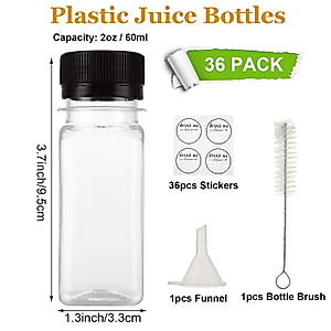 LLDHHYH 36 Pack 60ml / 2oz Plastic Shot Bottles with Caps, Small Square Ginger Shots Bottles, Clear Empty Shot Bottles for Juice Milk Smoothie Drinking Tea