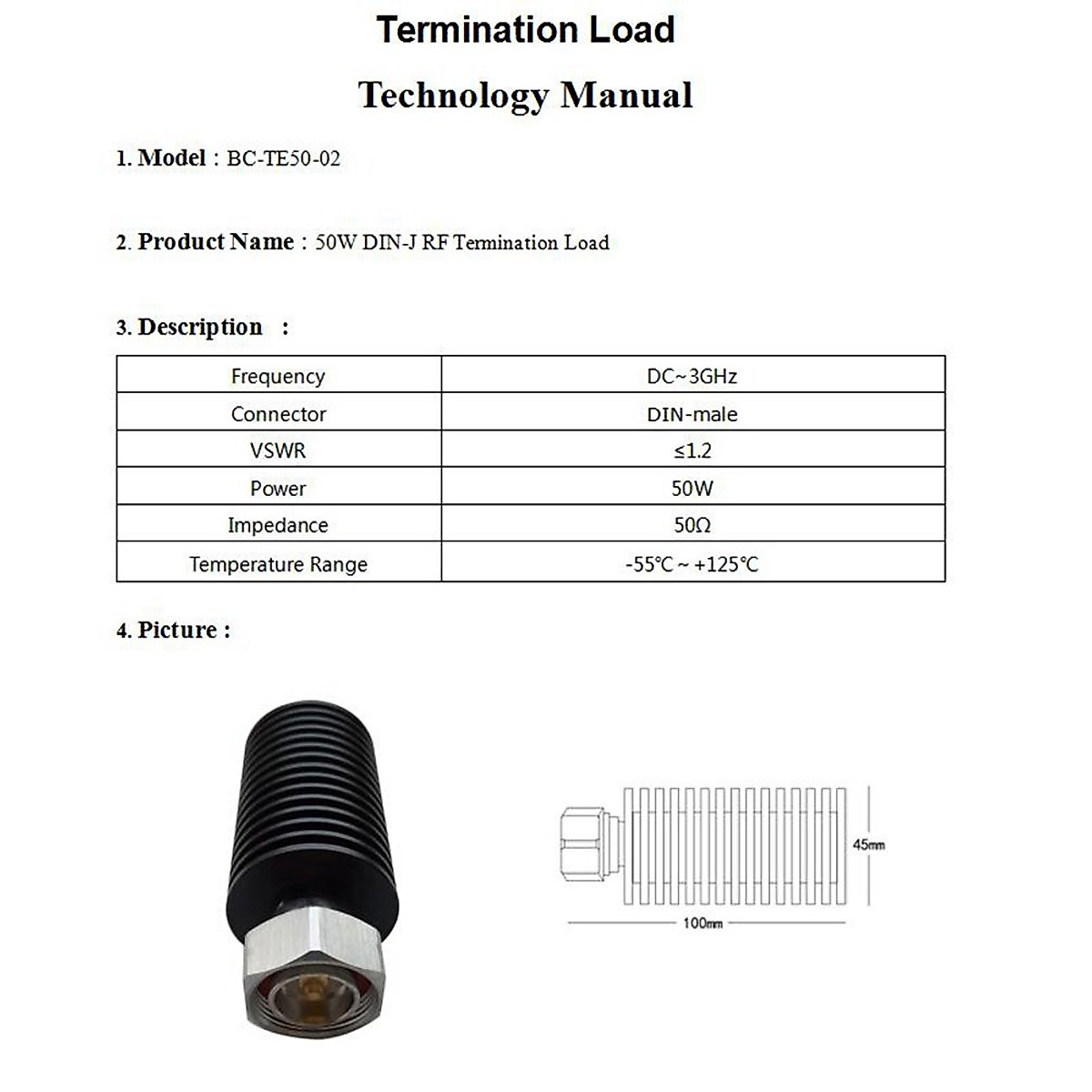 BECEN 50W 7/16 DIN Male Connector Dummy Load,Termination Load, 50 ohm, DC to3 GHz