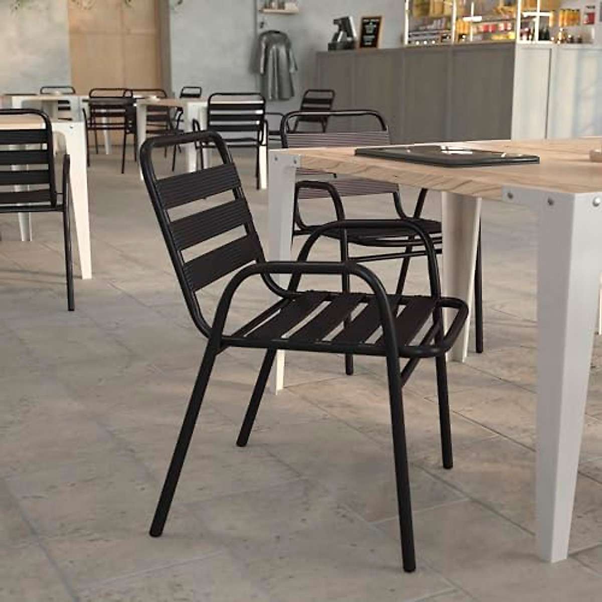 Flash Furniture Lila Commercial Restaurant Stack Chair with Triple Slat Back and Arms, Indoor-Outdoor Dining Chair, Black