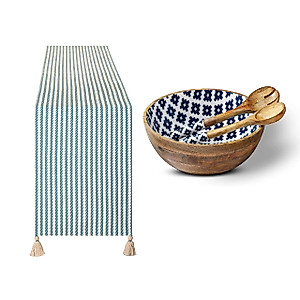 Folkulture Salad Bowl and Table Runner with Tassels, Wooden Bowls with Serving Tongs, Large Salad Bowls for Fruits, Farmhouse Style Décor, Boho Coffee Table Runners 108 Inch