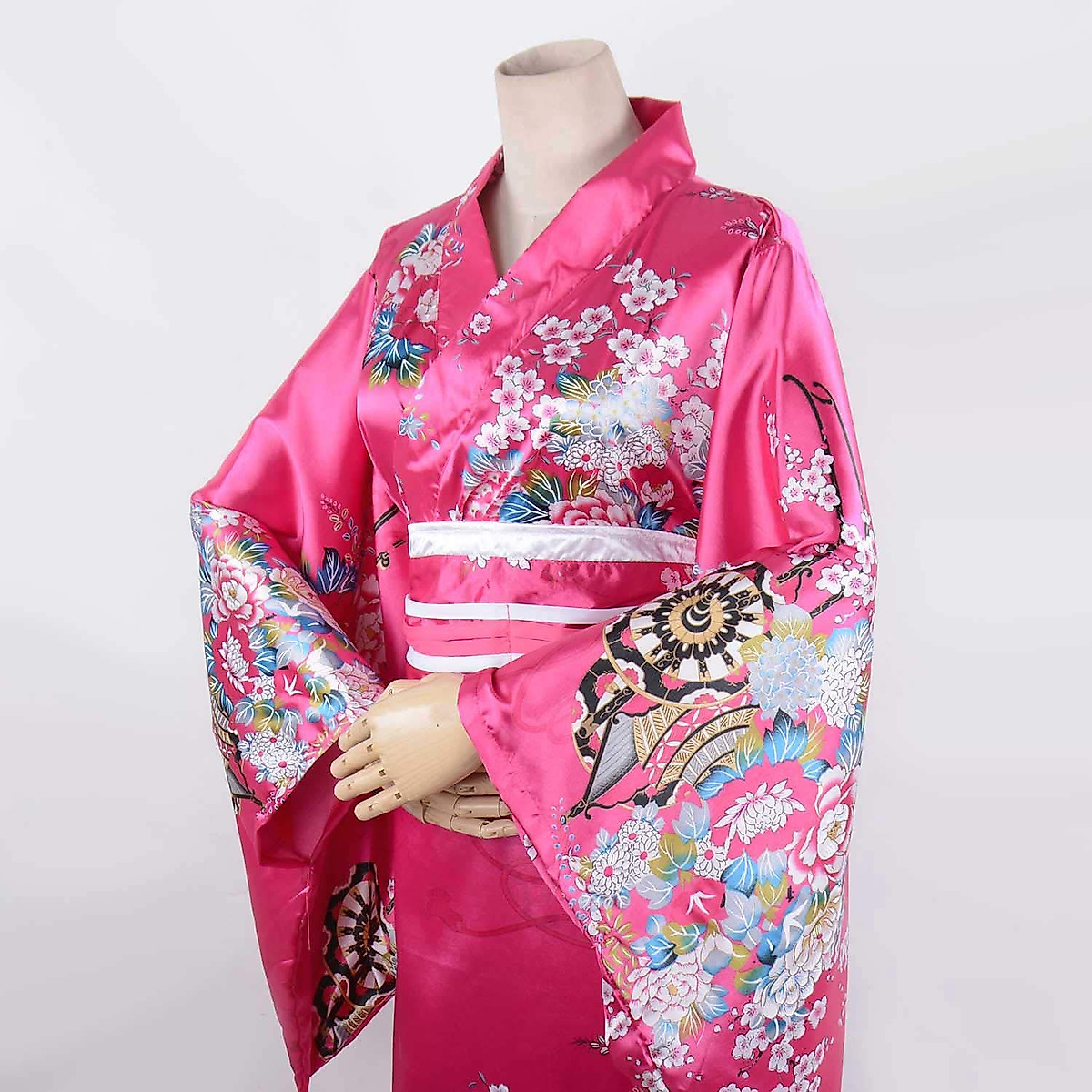 Women's Floral Print Traditional Japanese Kimono Goldfish OBI Blossom Costume Set Belt Robe