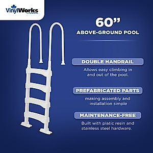 Vinyl Works Heavy Duty Anti Slip Plastic Step Ladder for Above Ground or In Ground Swimming Pools with Ergonomic Aluminum Handrails, White