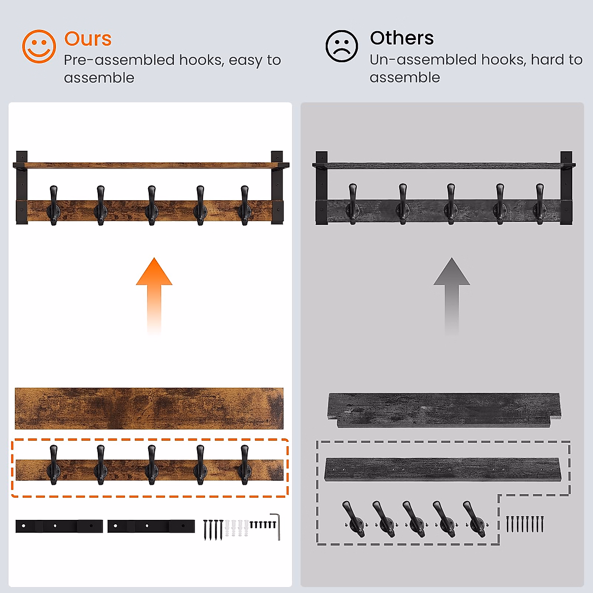 Homode Coat Rack Wall Mount, 29 Inch Long Shelf with Hooks, Wood Entryway Shelf with 5 Hangers for Hanging Hat Jacket Backpack Purse, Rustic Brown Black