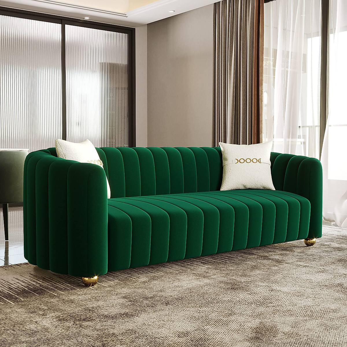 ANTTYBALE 83'' Velvet Sofa for Living Room Modern Comfy Couch 3-Seater Apartment Sofa with 2 Pillows & Golden Metal Legs (Green)