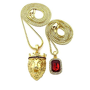 Gold Tone Micro Colorful Gemstone King Crown Lion Head Pendant 2mm 24", 30" Box Chain 2 Necklace Set (Gold + Red)
