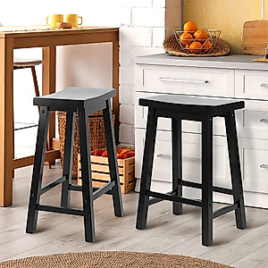 PJ Wood Classic Modern Solid Wood Backless Saddle Seat, 24 Inches Tall Easy Assemble Counter Stool with Durable Construction, Black (2 Pack)
