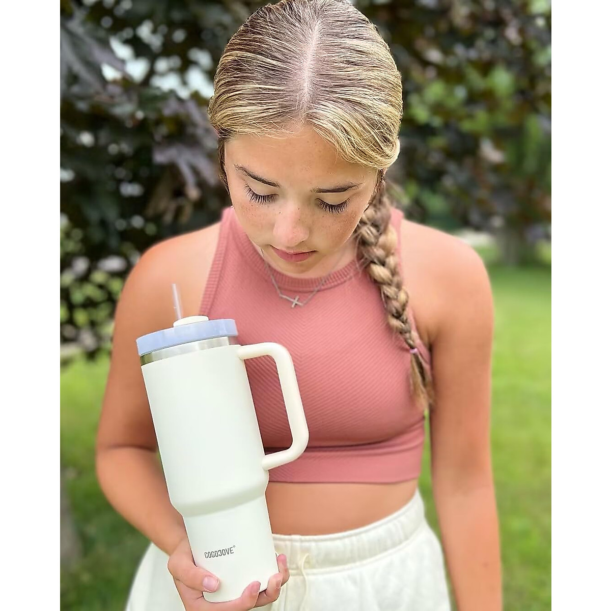 40 OZ Insulated tumbler with straw, Double Vacuum Stainless Steel Water Bottle for Home, Office or Car - Iced Coffee Cup Reusable,Thermos Travel Coffee Mug,Keep Hot/Cold for Hours (Cream)