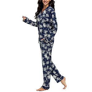 Tugege Pajamas Set Long Sleeve Sleepwear Women Button Down Nightwear Pj Lounge Sets (Deep Blue Coconut, Large)