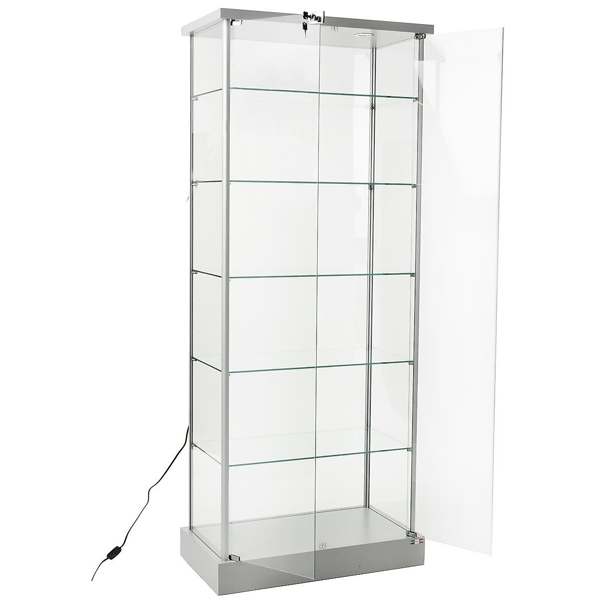 Displays2go 29"w x 72"h Glass Display Case, 5 Adjustable Shelves, Lights, Wheels - Silver (173CPLEDSL)