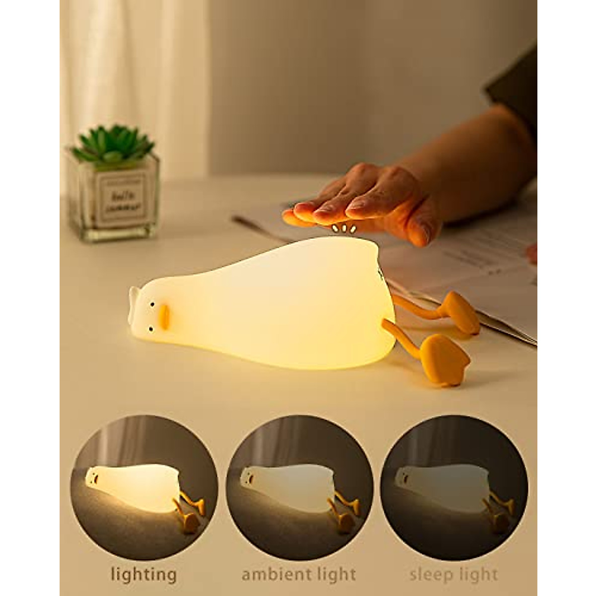 HAPPYBAG LED Lying Flat Duck Night Light, 3 Level Dimmable Nursery Nightlight,Cute Lamps Silicone Squishy Light Up Duck,Rechargeable Bedside Touch Lamp for Breastfeeding Toddler Baby Kids Decor