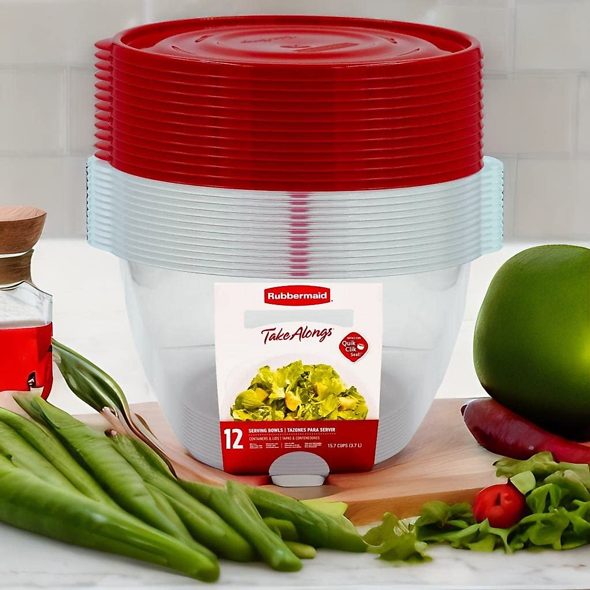 Rubbermaid TakeAlongs Serving Bowl Food Storage Containers, 15.7 Cup, Tint Chili, 12 pack