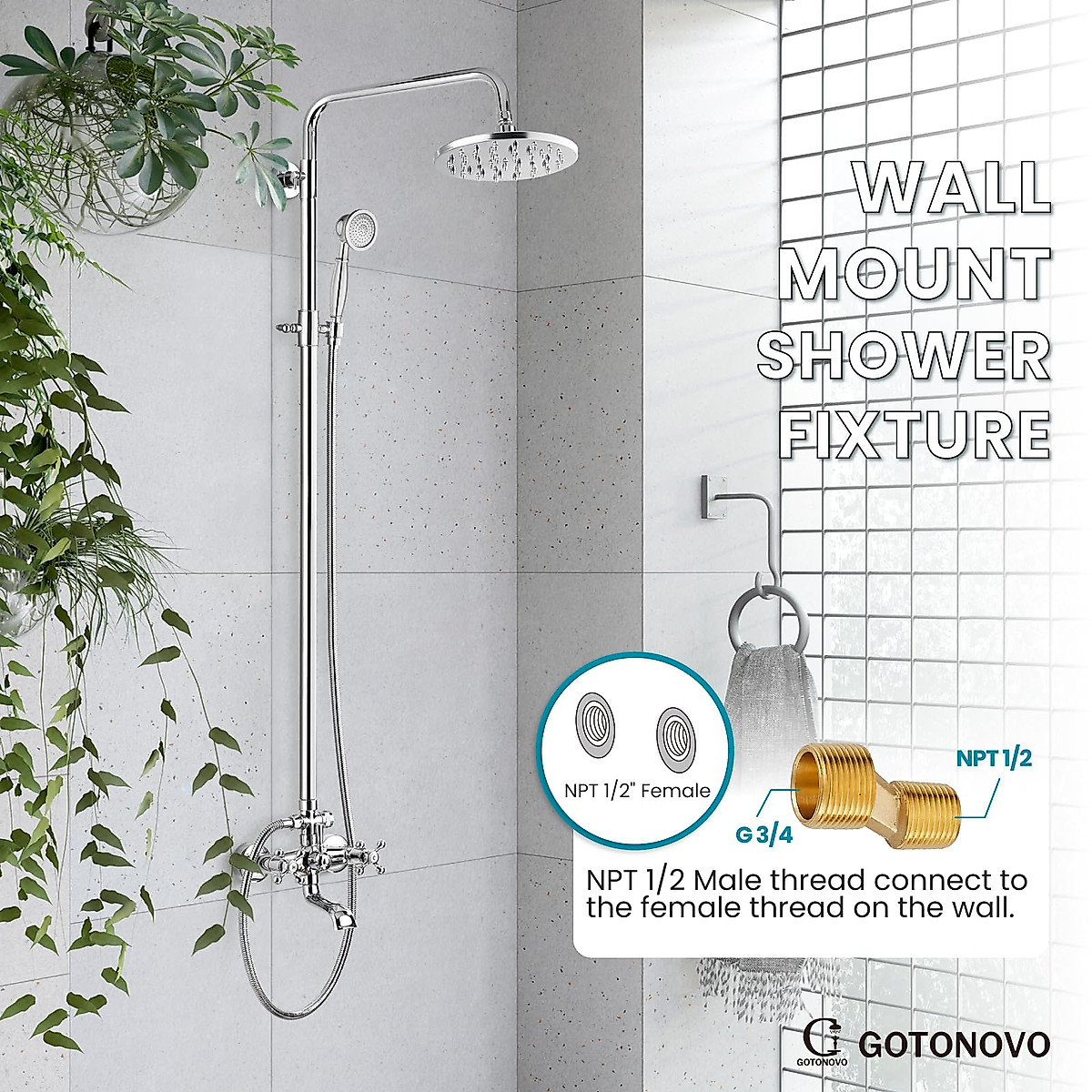 gotonovo Exposed Shower Faucet Set 8 Inch Rainfall Showerhead 3-Function Shower Fixture with Tub Spout 2 Corss Handles Shower System Polish Chrome