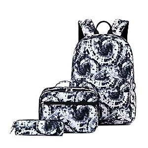 Baolab Tie Dye Backpack & Lunch Bag with Pen Case Water Resistant Daypacks Schoolbag for Teen Girls School,College,Outdoor (Black)