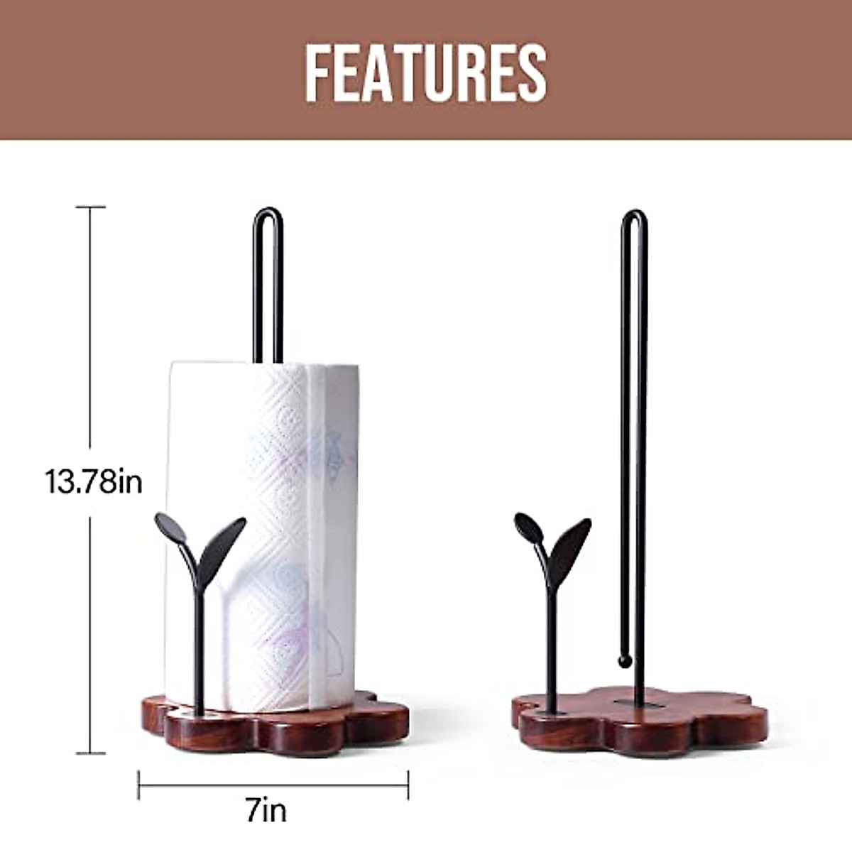 Paper Towel Holder Countertop with Real Wood Base, Farmhouse Paper Towel Holder Stand for Kitchen Roll Organize, Wooden Paper Towel Holder for Kitchen Dining Table Home Decor