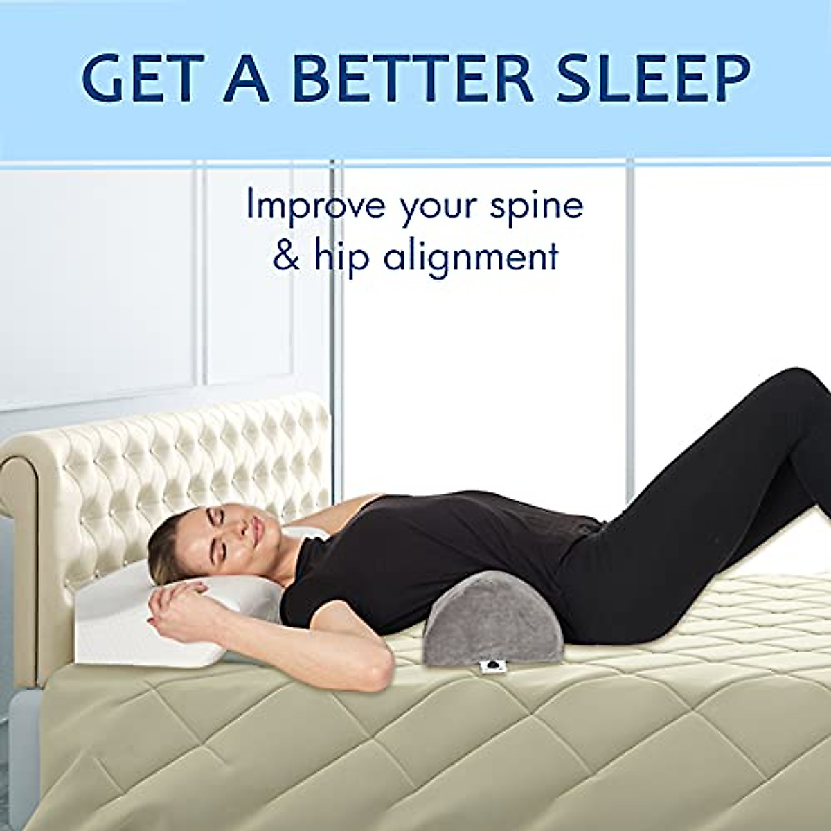 AllSett Health Large Half Moon Bolster Pillow for Legs, Knees, Lower Back and Head, Lumbar Support Pillow for Bed, Sleeping | Semi Roll for Ankle and Foot Comfort - Machine Washable Cover, Grey