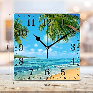 XIAGEANA Coastal Beach Wall Clock, White, Analog, 10 Inch Square, Silent Non-Ticking Wooden Desk Clock Battery Operated, Perfect For Home Living Room Kitchen