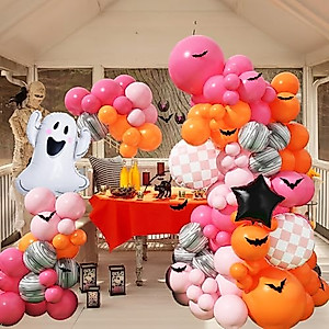 Jobkoo Halloween Balloon Arch BOO Halloween Decor Ghost Star Foil Balloons Pink Orange Latex Balloon Garland Kit 3D Bat Sticker for Kids Happy Halloween Themed Baby Shower Birthday Party Decoration