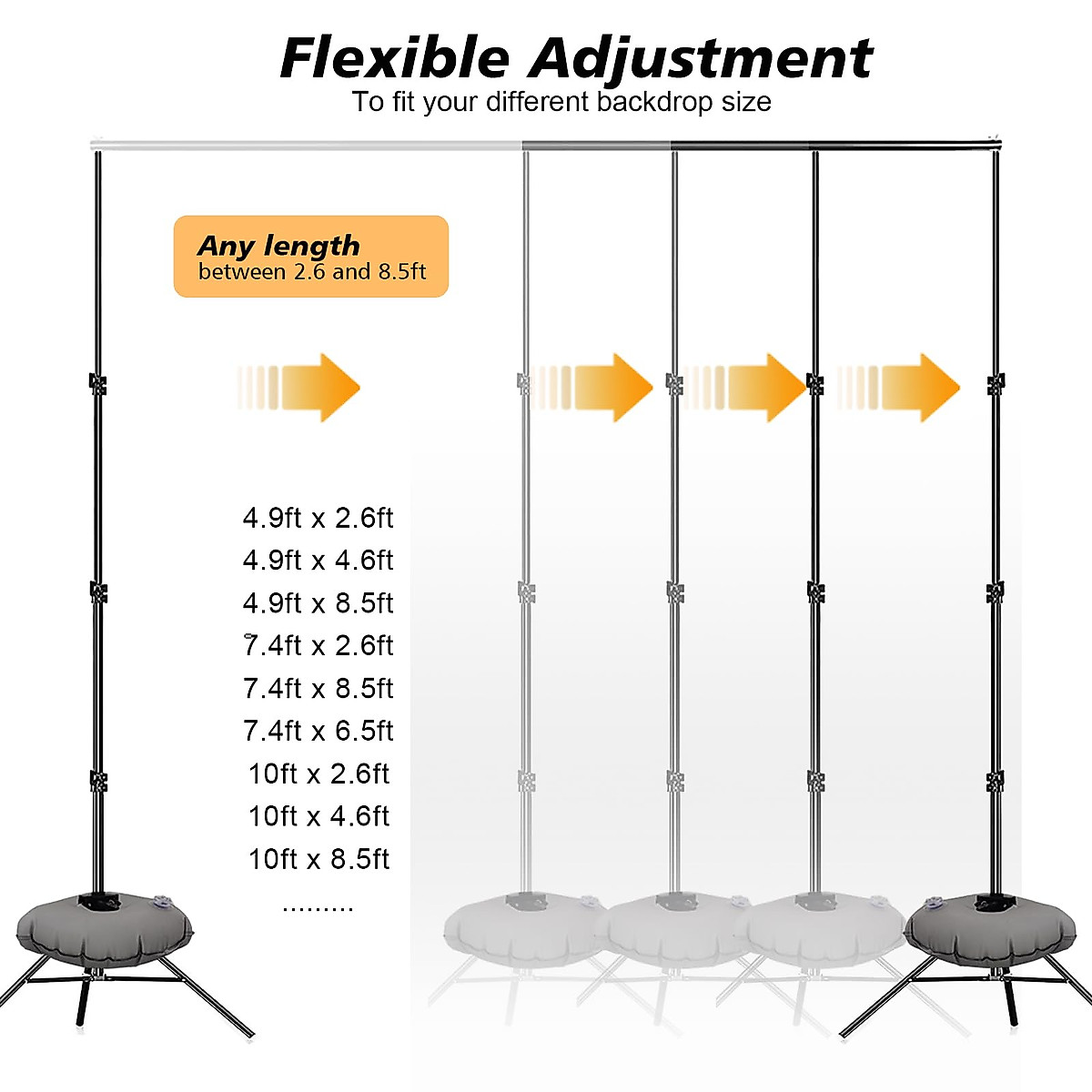 Backdrop Stand, Photo Video Studio 8.5 x10ft Adjustable Support Portable Backdrop Stand Heavy Duty for Photoshoot, Parties, Projector Screen with 2 Water Bag, 6 Backdrop Clips,6 Curtain Ring Clip