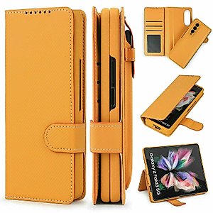 EAXER for Samsung Galaxy Z Fold 3 Removable Card Wallet Leather Pen Slot Case Cover Full Body Protective Anti-Scratch Hard Slim Case PU Leather for Samsung Galaxy Z Fold 3 5G 2021 Yellow-Twill