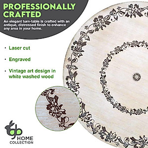 Lazy Susan Organizer Turntable, Low Profile 18” Round Beautiful White Washed Wood with Engraved Artistic Design – Great Gift for Dinner Table, Kitchen