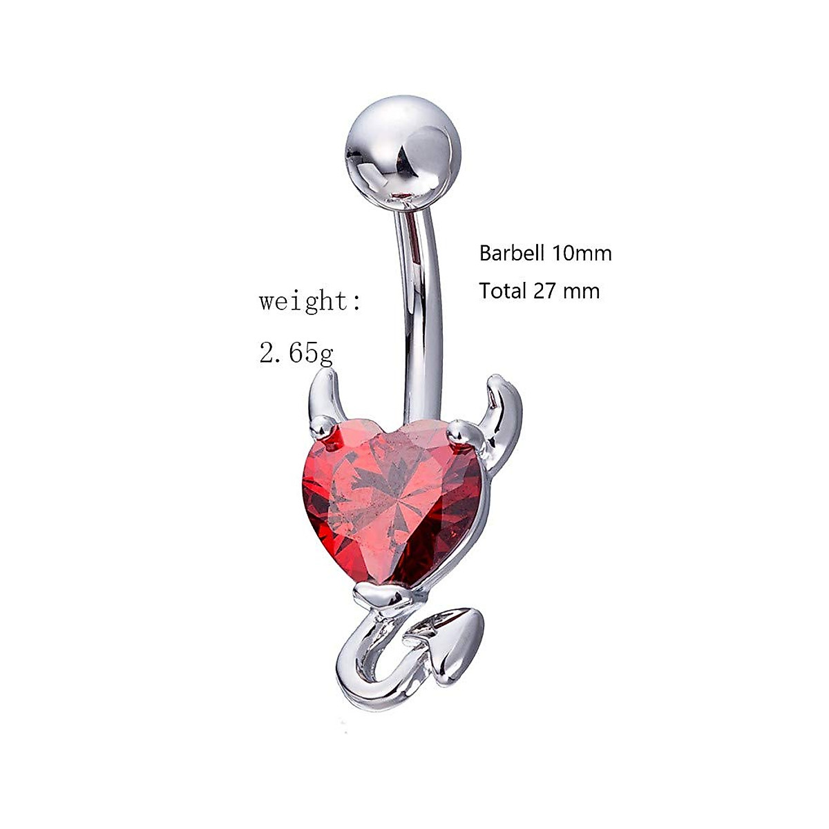 YHMM Devil Heart Belly Button Rings 14G Surgical Steel Navel Barbells Stud For Body Piercing (2 Pcs Devil Red+Round Clear)