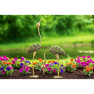 Seraphic Cast Iron Garden Decor Crane Bird Statues, Rustic Bronze, Set of 2