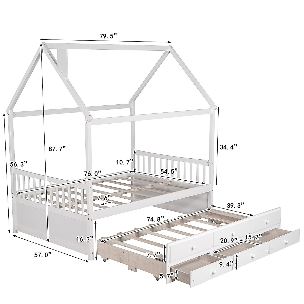 Harper & Bright Designs Full House Bed with Trundle and 3 Storage Drawers, Full Captain's Beds Wooden Storage Daybed Frame for Kids Teens Boys Girls (Full Size, White)