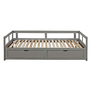 Twin to King Wooden Daybed with Twin Size Trundle Bed and Two Storage Drawers, Extendable Bed Frame, Sofa Bed for Bedroom Living Room, Grey