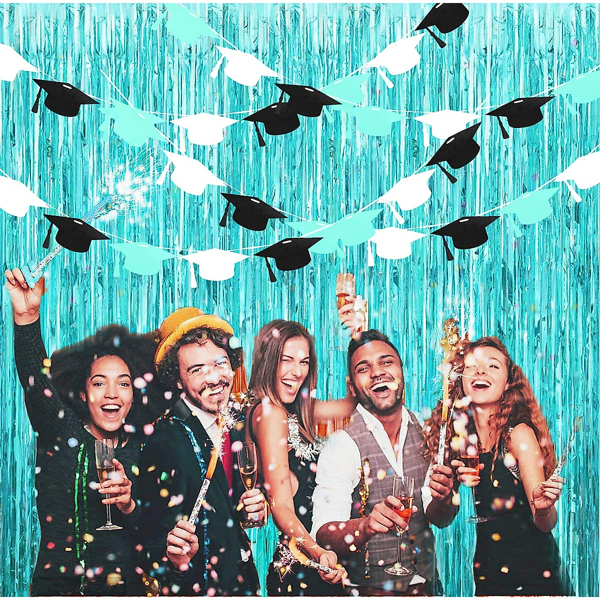 Graduation Decorations Turquoise Black 2023/4pcs Graduation Hat Banner Garlands Teal White Black for Class of 2023 Graduation Party Supplies Teal Grad