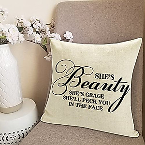 Farmhouse Pillow Covers 18x18 She's Beauty,She's Grage She'll Peck You in The Face Cotton Linen Throw Pillow Covers Decorative Home Decor Square She's Beauty Cushion Case for Couch