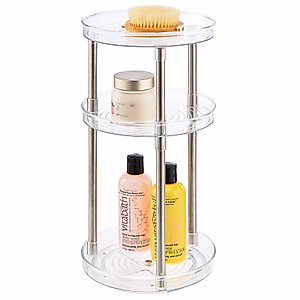 mDesign Spinning 3-Tier Lazy Susan 360 Rotating Makeup Organizer Storage Tower - Beauty Cosmetic Organization Caddy for Bathroom Vanity, Countertop, Makeup Table - Ligne Collection - Clear