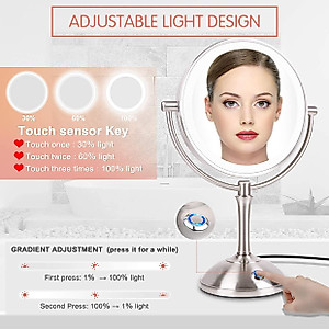 AmnoAmno LED Makeup Mirror-10x Magnifying,7.8" Double Sided Lighted Vanity Makeup Mirror with Stand, Touch Button Adjustable Light-Cord or Cordless (Sliver)