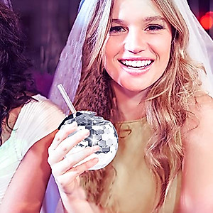 Tongnian 12 PCS Disco Ball Cups Tumbler Disco Flash Ball Cocktail Cup Silver Spherical Cup with Lid and Straw Disco Wine Glass Drinking Syrup Tea Bottle for Disco Bar Party Supplies