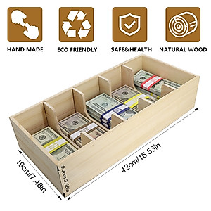 Mczxon Wooden Currency Money Cash Tray With 300 Currency Wrappers, 5 Compartment Wooden Cash Money Currency Organizer Storage Change Box Case for Cash, Moneyboxes Currency Holder Cash for Money
