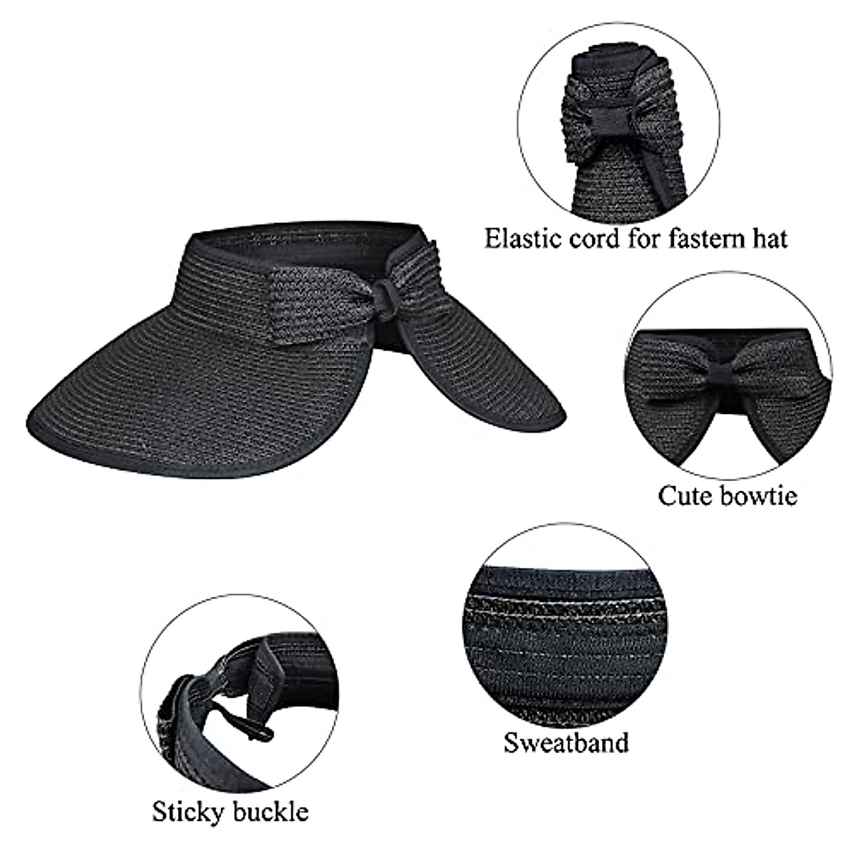 Andiker Women Roll Up Sun Visors Hat, Fordable Wide Brim Ponytail Beach Hat with A Storage Bag Black
