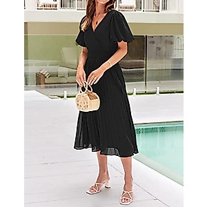 MEROKEETY Womens 2023 Summer Puff Sleeve Wrap V Neck Pleated Flowy Midi Dress for Wedding Guest,Black,M