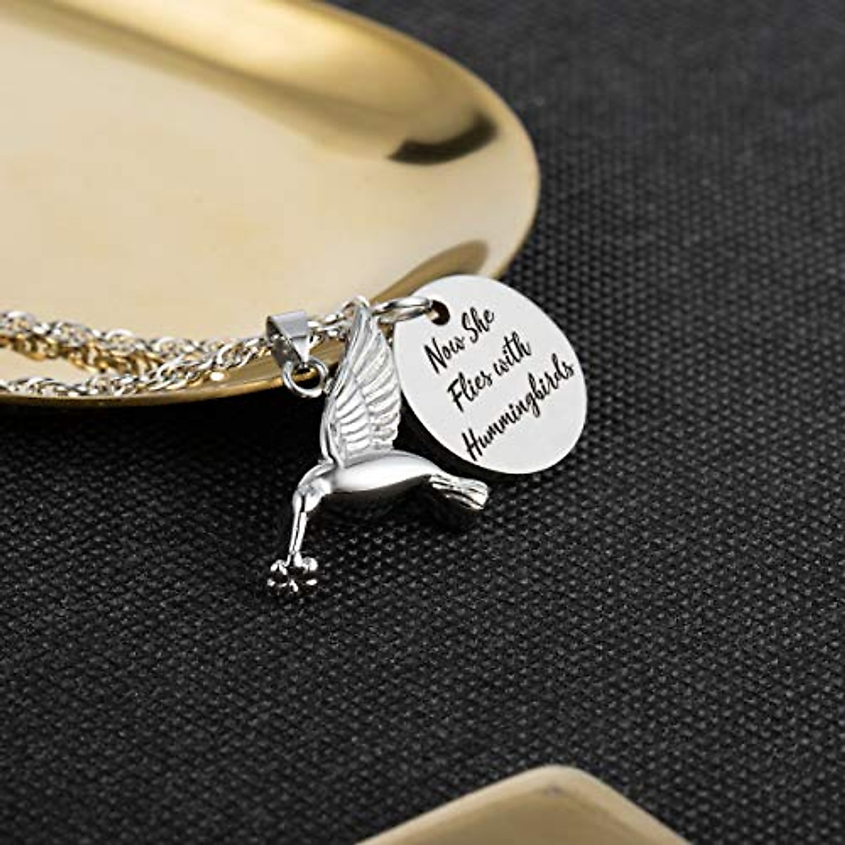 Now She Flies with Hummingbirds Urn Necklace Cremation Jewelry Stainless Steel Memorial Pendant for Ashes