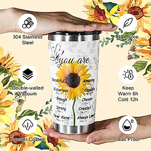 Christian Gifts for Women 20oz Sunflower Tumbler Stainless Steel Double Wall Vacuum Insulated Coffee Mug Travel Cups for Wife Mom Daughter Sister Friend Coworker, Metal Straws and Brush