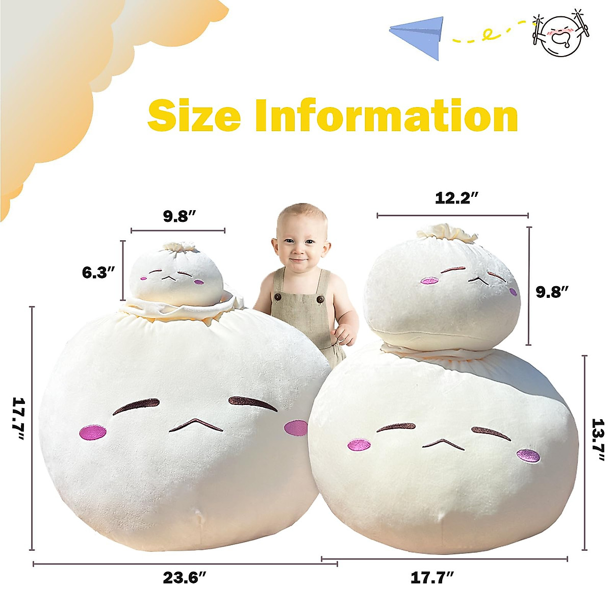 Yoholto Dumpling Plush Pillow with Cute Features, Stuffed Bun Plush, Funny Food Toy Gifts for Kids Adults(6.3 * 12.2in,Frown)