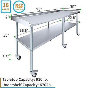 Express KitchQuip Commercial Work Table with Backsplash and Sidesplashes with Casters | NSF (Stainless Steel Table with Sideguards + casters) (96" Long x 30" Deep)