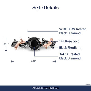 Jewelili Enchanted Disney Fine Jewelry 14K Rose and White Gold with Black Rhodium 9/10 Cttw Black Diamond Maleficent Bridal Ring, Size 6