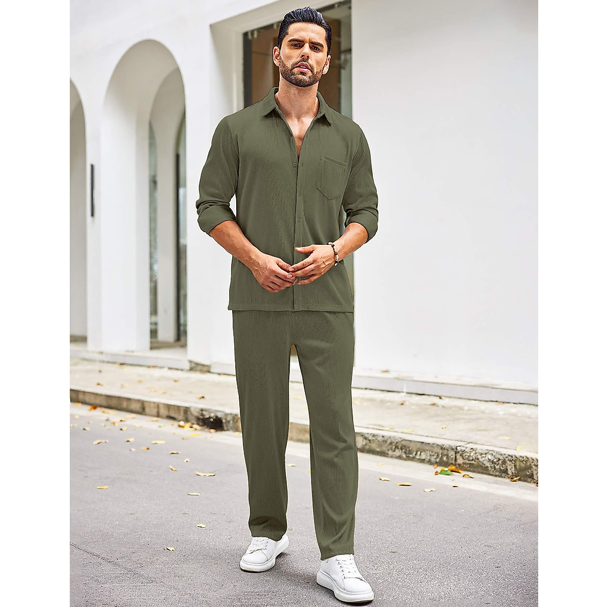 COOFANDY Mens Matching Shirt and Pants Set Long Sleeve Button Up Shirts Ribbed Pants with Pockets Lounge Tracksuits