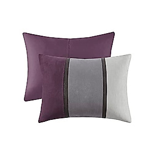 Madison Park Palisades Comforter Set Modern Faux Suede Pieced Stripe Design, All Season Down Alternative Cozy Bedding with Matching Shams, Decorative Pillows, Queen(90"x90"), Purple 7 Piece