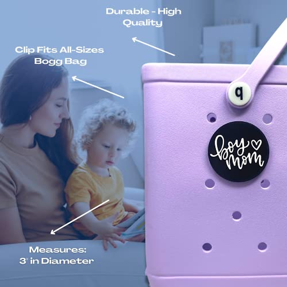 FRESHe BOGLETS - Boy Mom Charm Compatible with Bogg Bags - Decorative Charm Accessories for Customizing Your Bogg Bag or Other Tote Bags (Charm, Boy Mom) Black and White