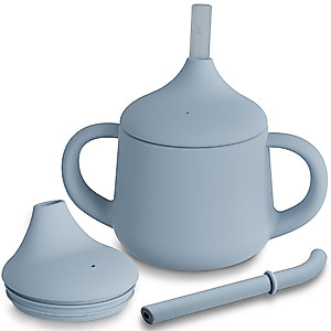 Moonkie Silicone Baby Sippy Cups | 3 Stages Training Cup Straw Cup for Infants Toddlers and Kid, 4 oz (Ether)